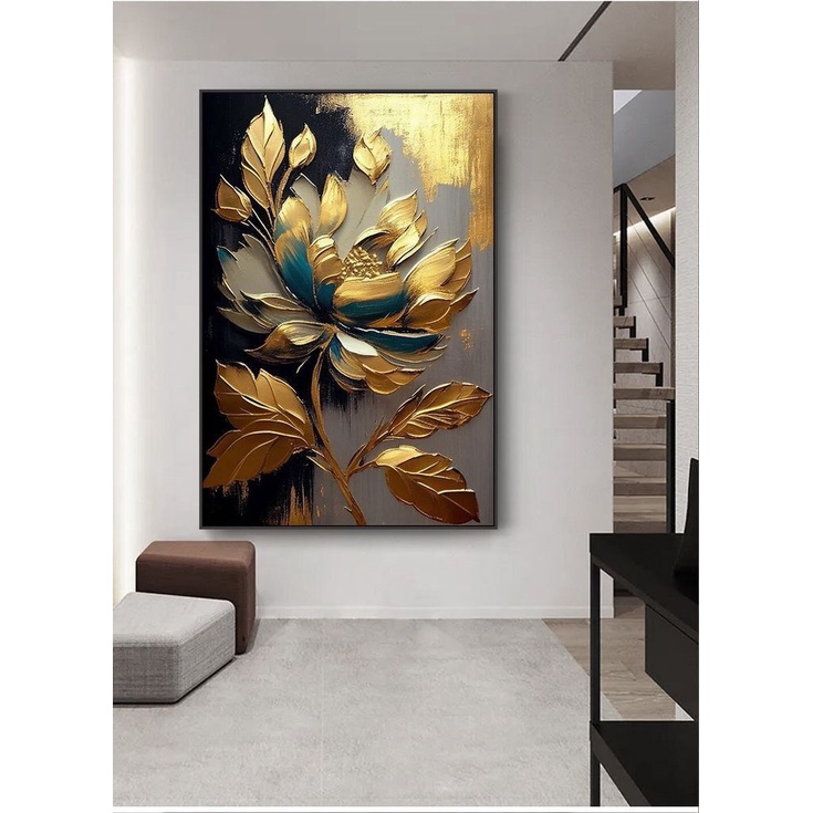 Jual Lukisan Bunga Mawar Gold Teksture Tebal Modern 3D Hiasan Dinding ...