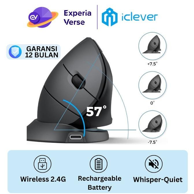 Jual Iclever Tm254G Ergonomic Mouse 2.4G Wireless Usb-C Rechargeable 4 ...