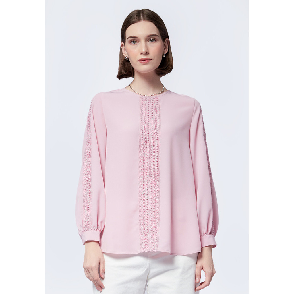 Jual Executive Lace Panel Long Sleeve Blouse Soft Pink | Shopee Indonesia