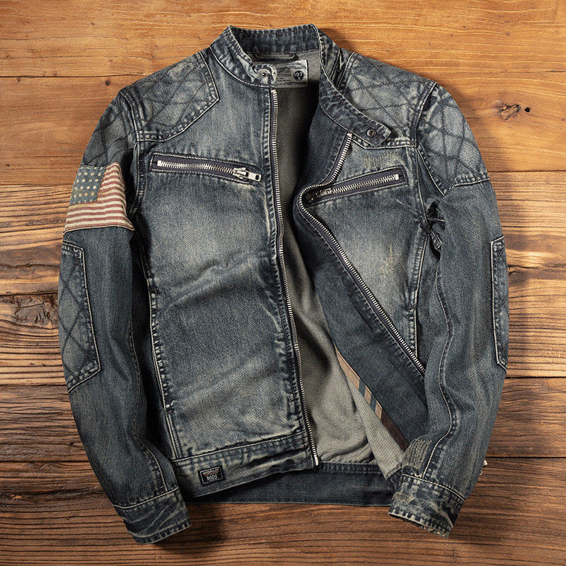 Jual Male2025New Retro Loose Stitching Motorcycle Jacket Stand Collar ...