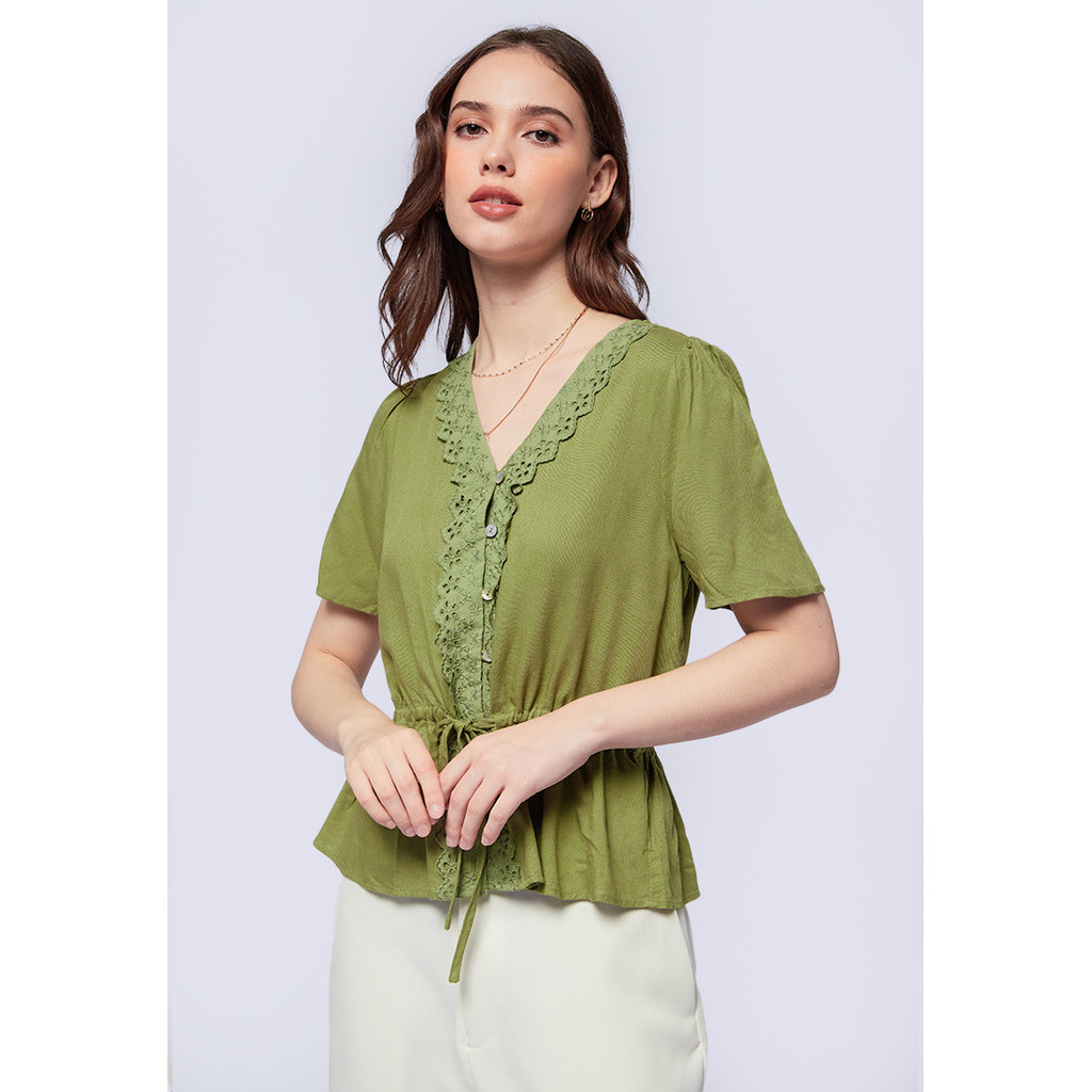 Jual ET CETERA Short Sleeve Blouse with Lace Trim Details DUSTY GREEN ...