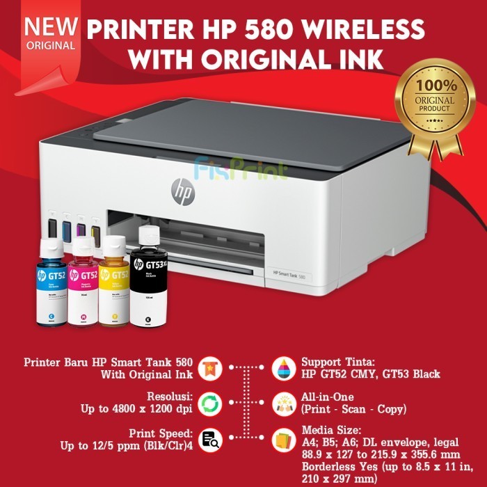 Jual Printer Hp Smart Tank 580 All In One Wifi Tinta Gt53 | Shopee ...