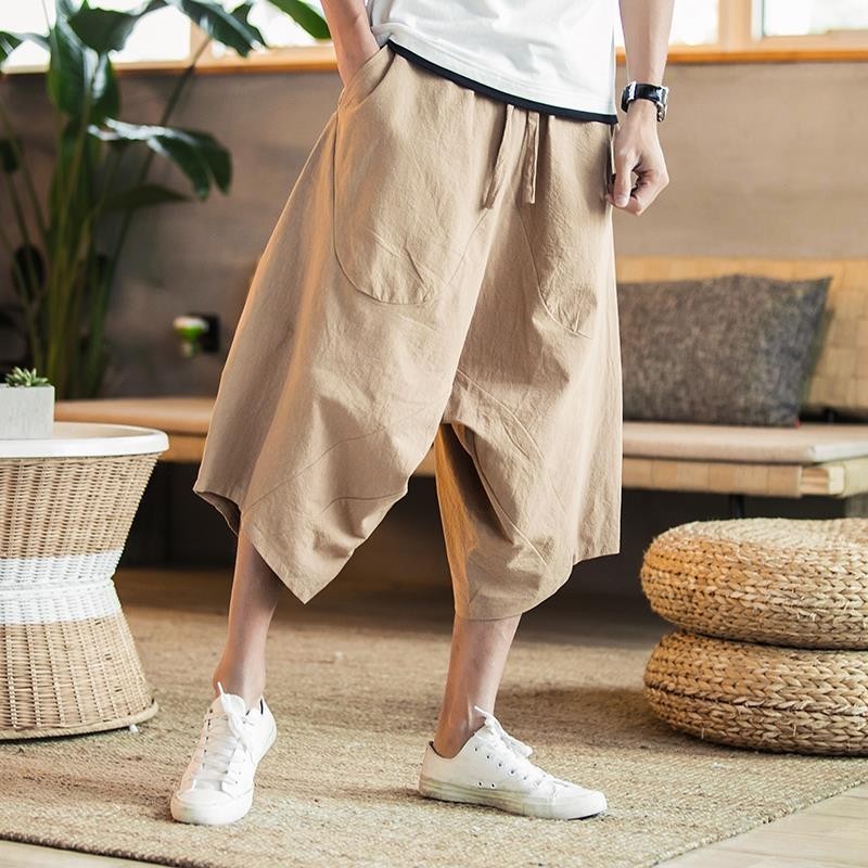 Jual Wide-Leg Pants Bloomers Men's Overweight Man Loose Linen Shorts ...