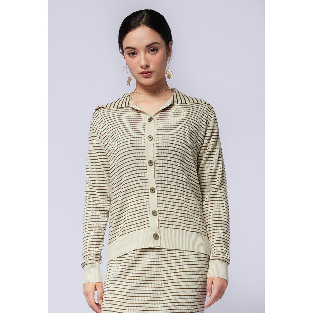 Jual Et Cetera Wide Collar Striped Cardigan ECRU | Shopee Indonesia