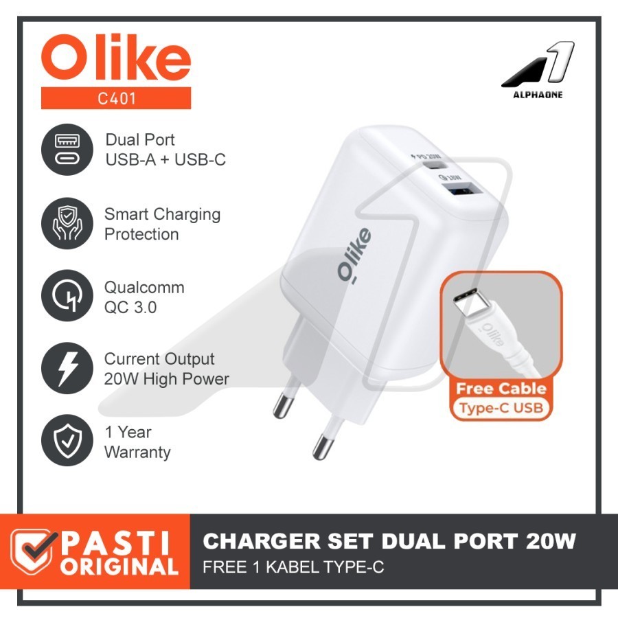 Jual OLIKE Adaptor Charger HP Dual Port USB-C USB-A Fast Charging 20W ...