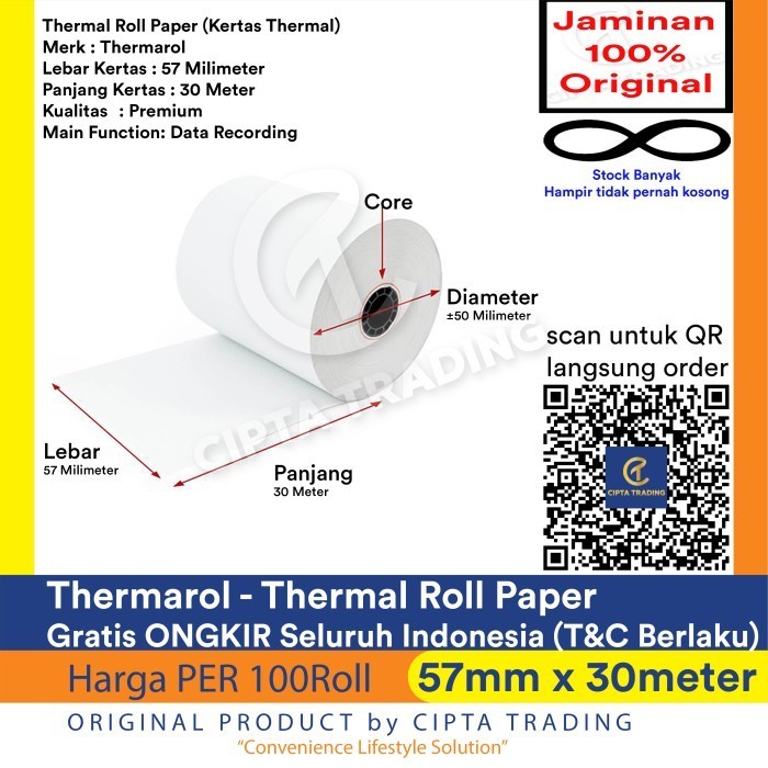 Jual KERTAS THERMAL / THERMAL PAPER - THERMAROL - 57MM X 30M (100ROLLS ...
