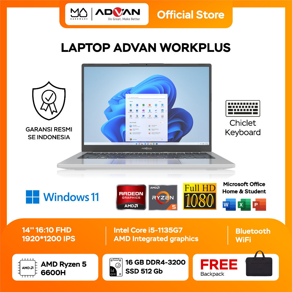 Jual ADVAN Laptop Workplus AMD RYZEN 5 6600H 14'' FHD IPS 16GB 512GB ...