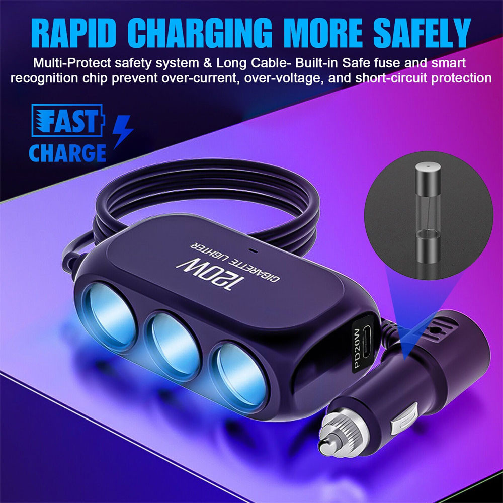 Jual Charger Mobil 3 Lighter Mobil USB Type-C PD Quick Charge 120W ...