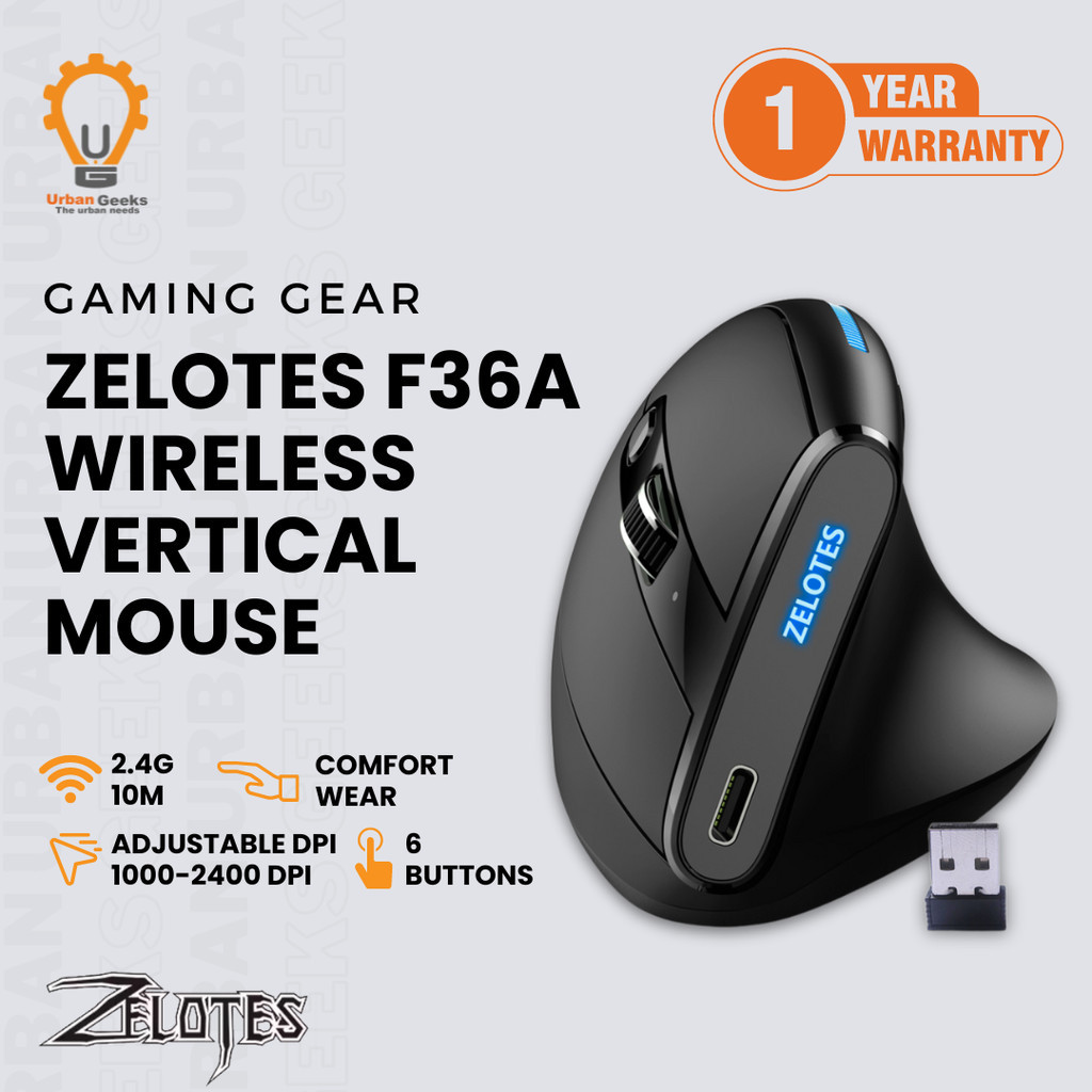 Jual Zelotes F36A Ergonomic Wireless Vertical Gaming Mouse 2400 DPI 6 ...
