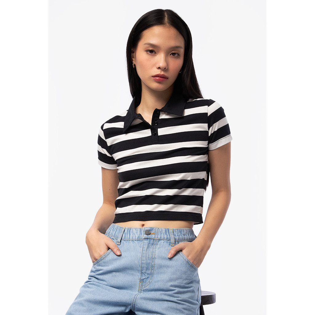 Jual COLORBOX Short Sleeve Stripe Polo Top Black | Shopee Indonesia