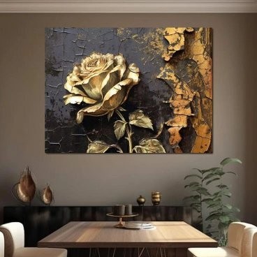 Jual Lukisan Bunga Mawar Gold Teksture Tebal Modern art Estetik ...