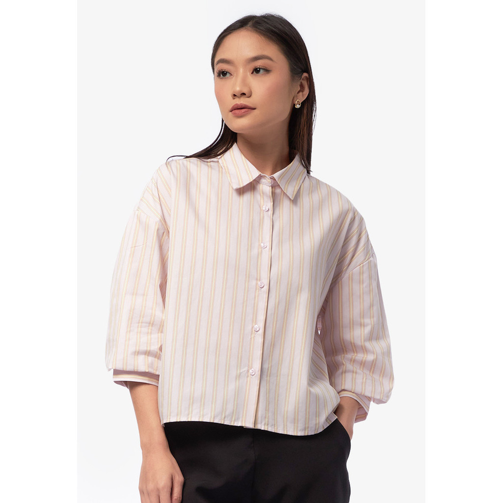 Jual COLORBOX Stripe Voluminous Short Sleeve Shirt Lilac | Shopee Indonesia