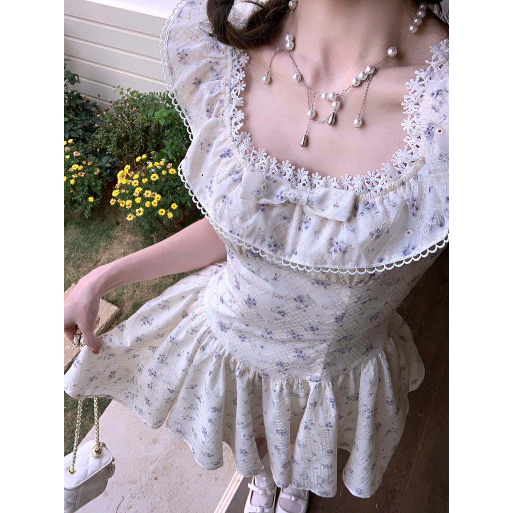 Jual 【Cream Winnie】Gaun bunga ungu romantis leher persegi renda Prancis ...