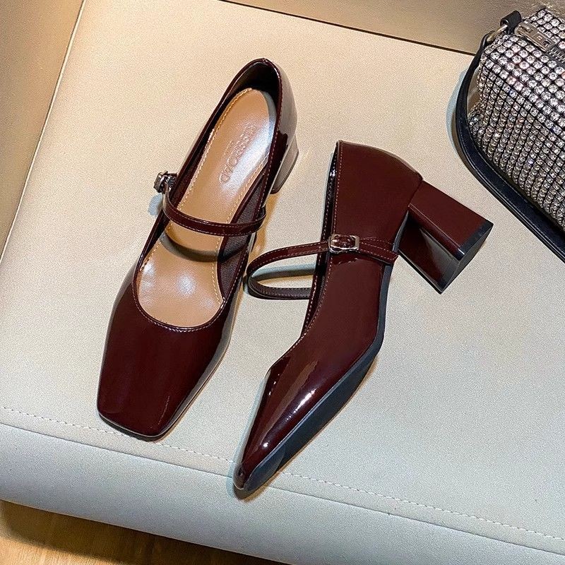 Jual Square Toe Strap Mary Jane Shoes Female Classic Style Chunky Heel ...