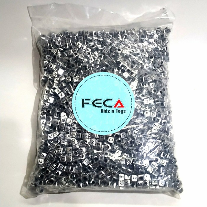Jual DISKON Manik Mote Huruf Abjad / Kotak Silver / Huruf Hitam / 6 mm ...