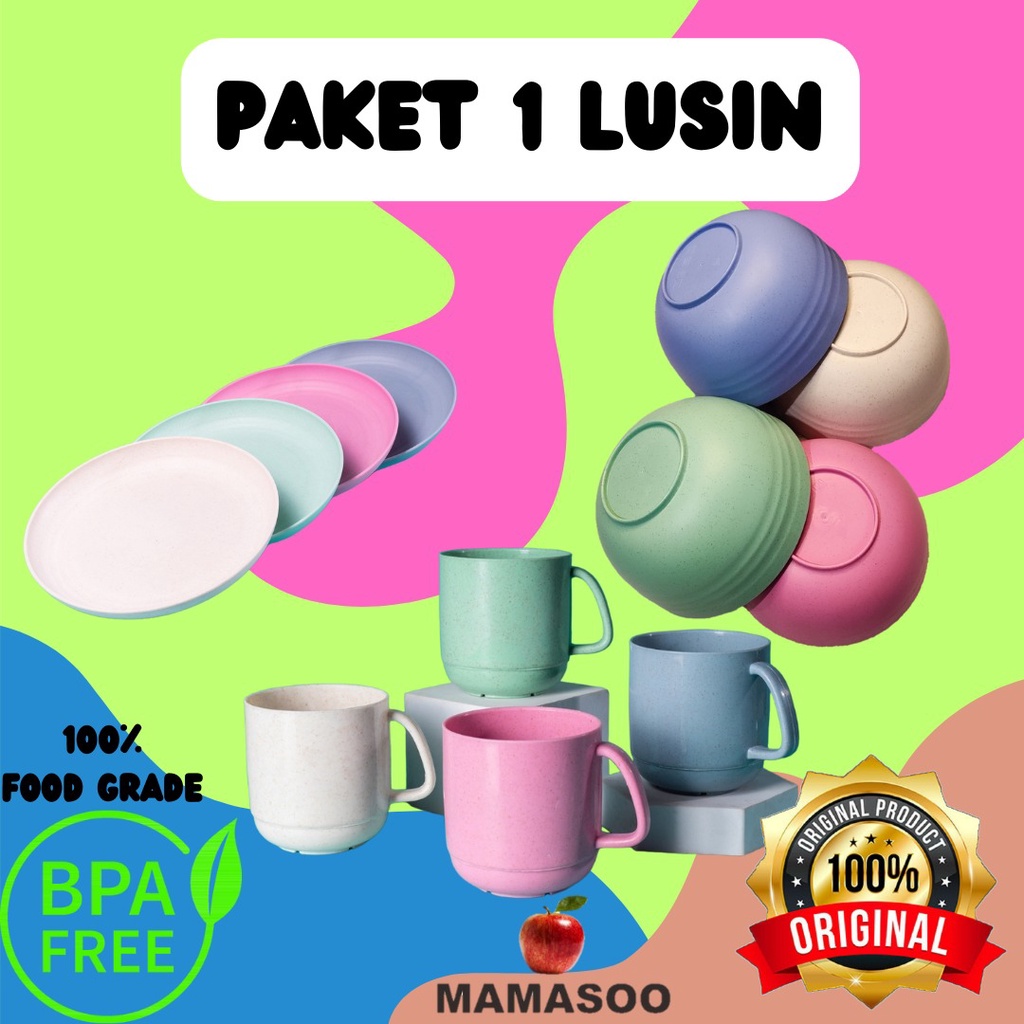 Jual MAMASOO PAKET 1 LUSIN Mangkok Besar Jerami Gandum 4 Pcs + 4 Gelas ...