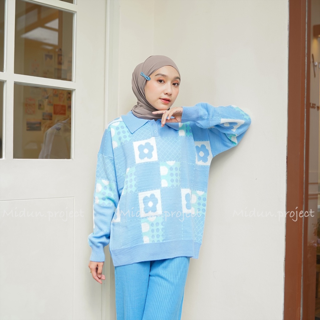 Jual Midun.project - Evelyn Polo Atasan Rajut Wanita Motif Bunga ...