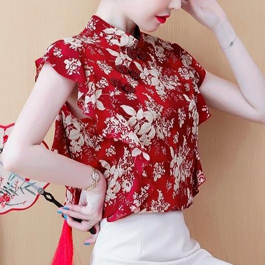 Jual Terbaru Atasan Cheongsam Blouse Qipao Flower Red Lunar Shanghai ...