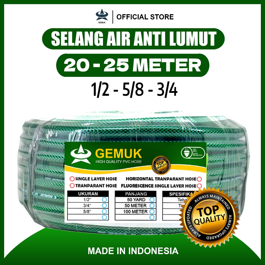 Jual GEMUK Selang Air 20 Meter Dan 25 Meter 1/2 5/8 3/4 Inch Selang Benang Anti Lumut Tebal PVC ...