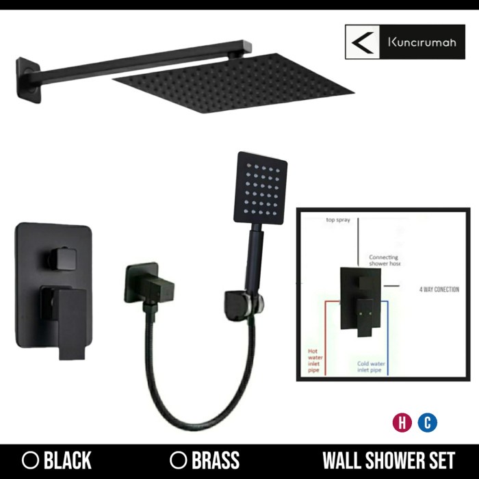 Jual [Ori] Wall Shower Set Hitam / Shower Kran Tanam 4 Lubang Panas ...