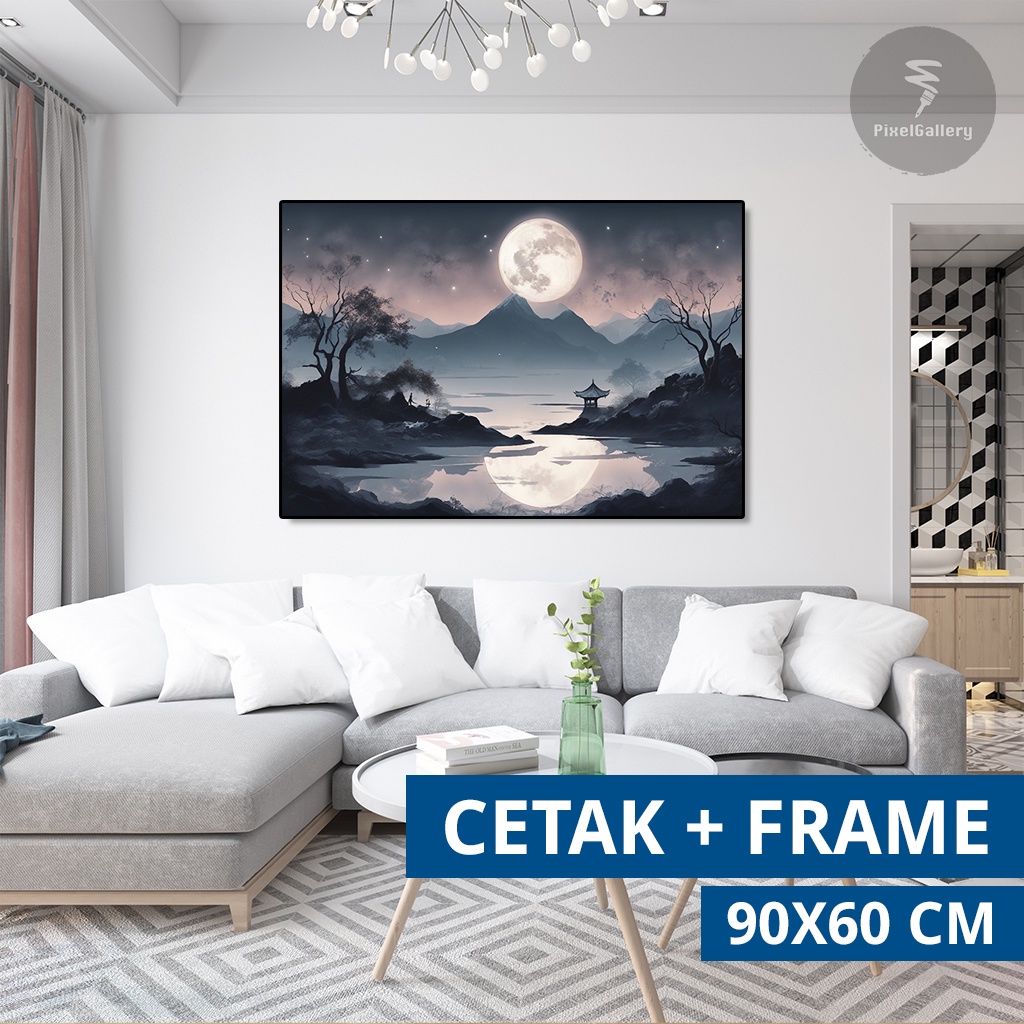 Jual Lukisan MEGAJUMBO 90X60 Bulan Purnama dan Kuil Hiasan Dinding ...
