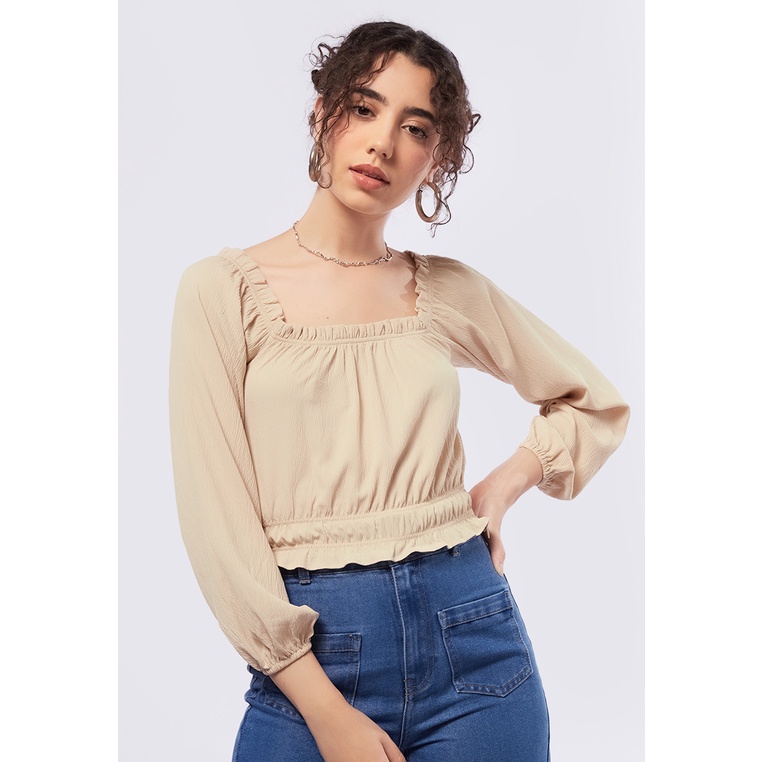 Jual COLORBOX Square Neck Long Sleeve Crop Top Beige | Shopee Indonesia