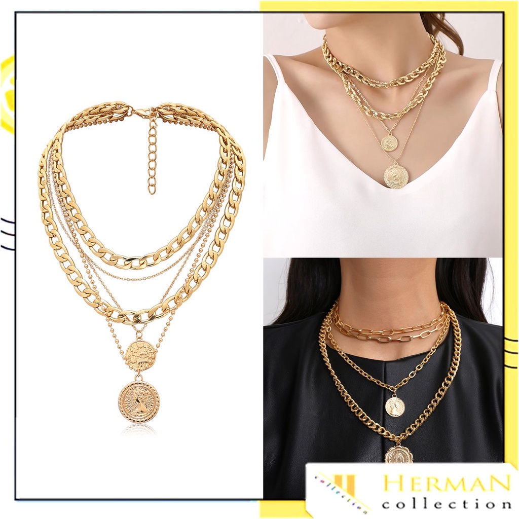 Jual HC Kalung Choker Rantai Gold Koin Multilayer 6515 Kalung 5 Layer ...