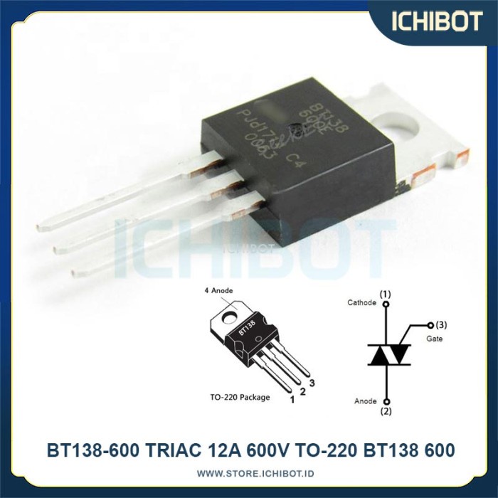 Jual BT138-600 Triac 12A 600V TO-220 BT138 600 Thyristor Tiristor ...