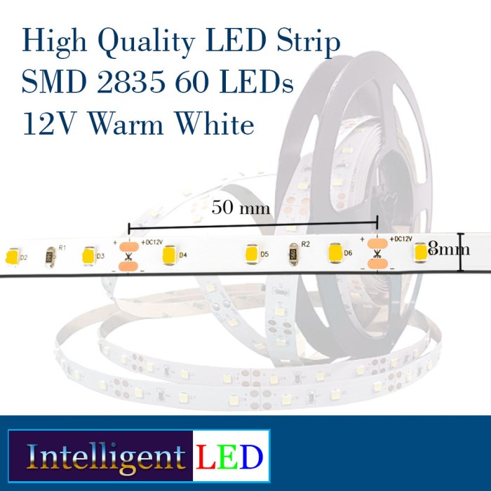 Jual Produk Unggulan] LED Flex Strip SMD 2835 60 LEDs 5m/roll Warm White 12V 5 Watt PCB 8mm ...