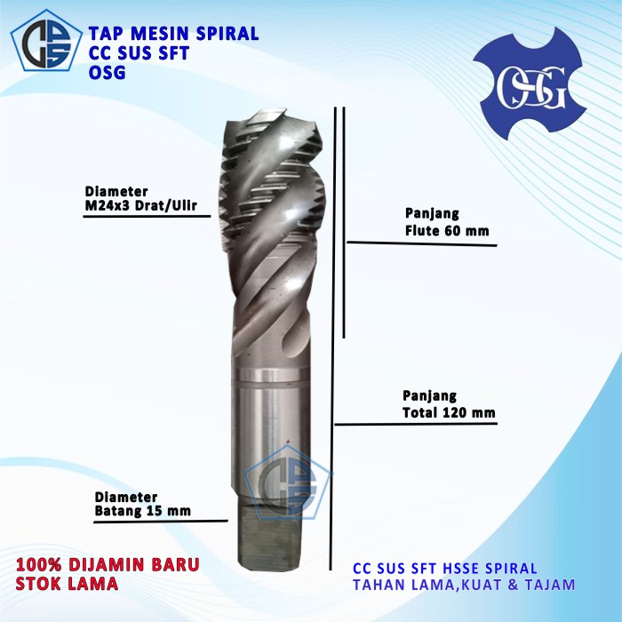 Jual Tap Mesin Spiral M 24 Drat Ulir 3 O S G HSS E CC SUS SFT | Shopee Indonesia