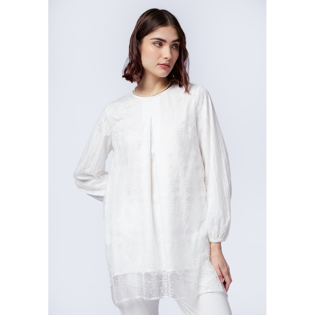 Jual Executive Flowy Round Neck Lace Tunic Off White | Shopee Indonesia