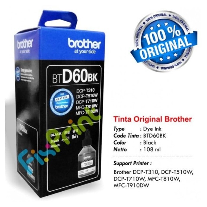 Jual Tinta Brother Bt D60Bk Printer Dcp-T310 Dcp-T510W Dcp-T710W Mfc ...