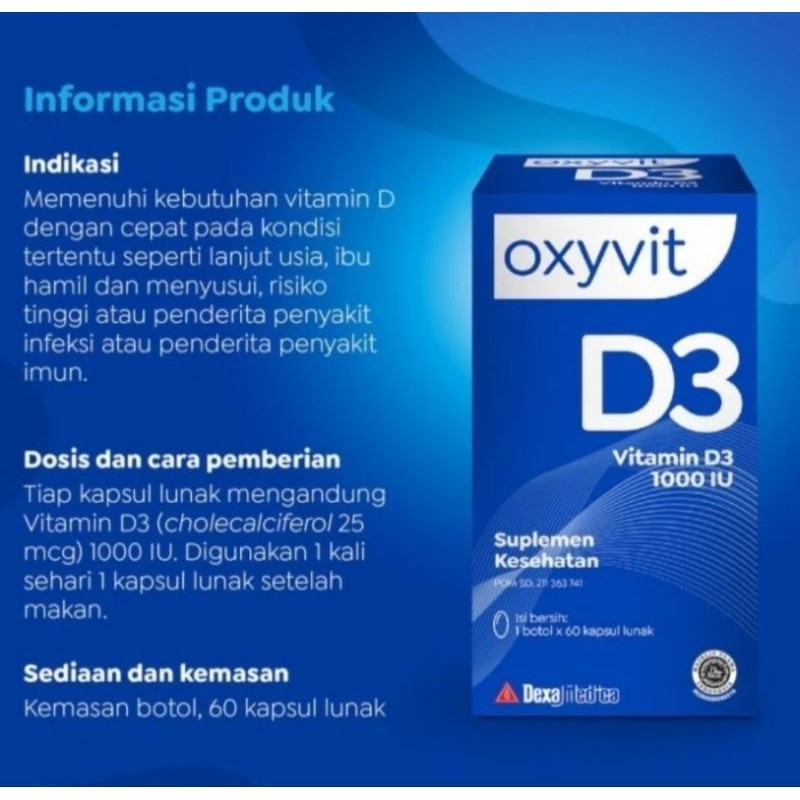 Jual OXYVIT D3 1 Botol isi 60 Kapsul Lunak Vitamin D3 1000 IU ( ED ...