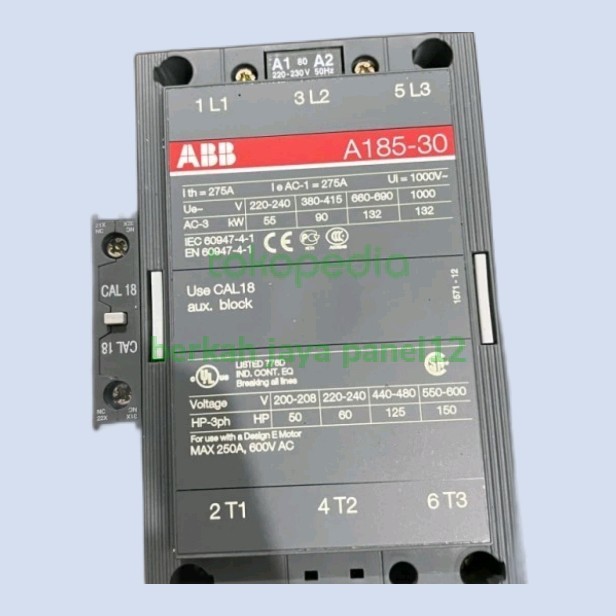 Jual Contactor Abb A 185-30 185A 3P 220Vac + 1Nc Kontaktor Abb A185-30 ...