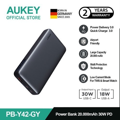 Jual Aukey Powerbank 20000Mah Pb-Y42-Gy Usb C 30W Pd 3.0 Slim | Shopee ...