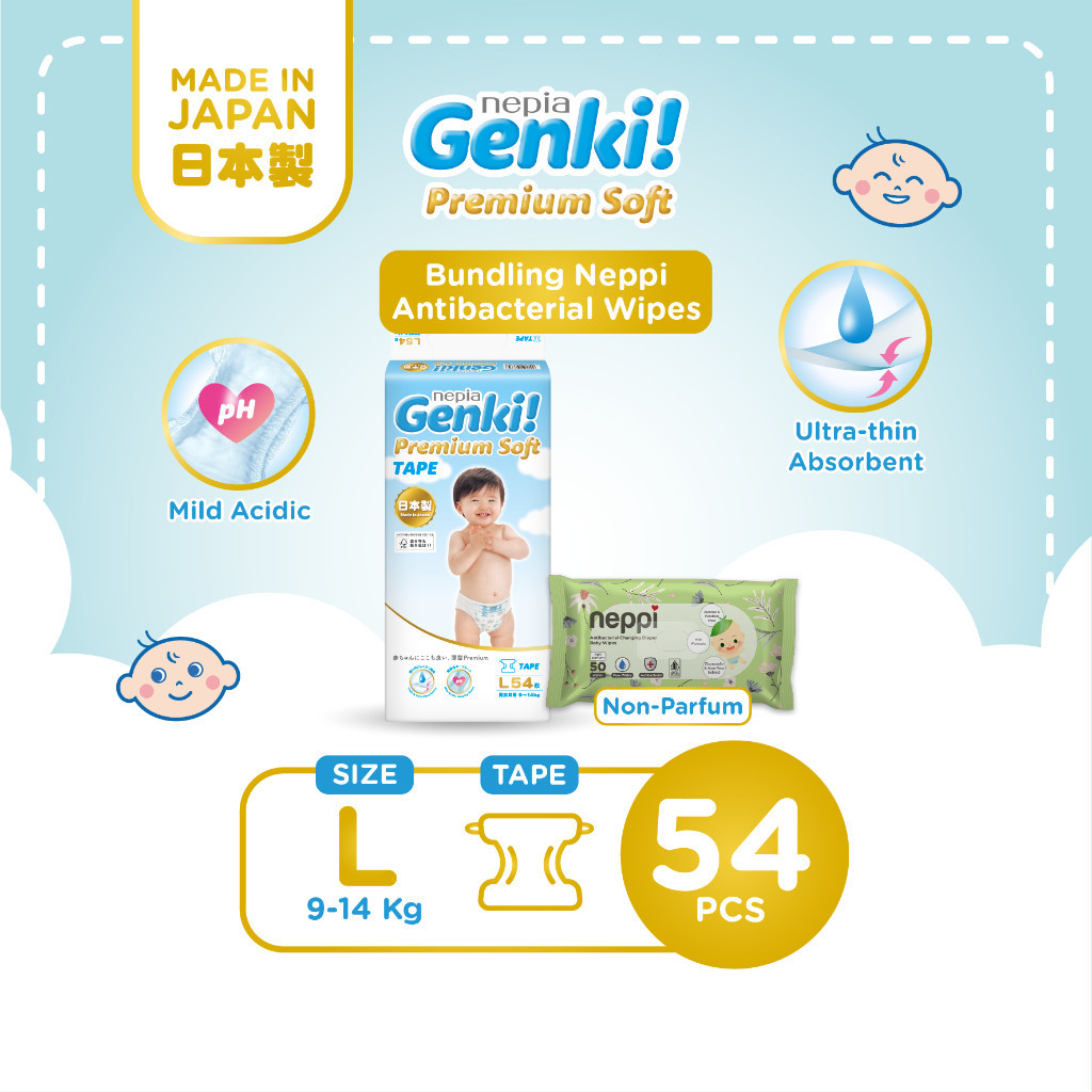 Jual Nepia Genki Tape L 54 + Neppi Tisu Basah Antibacterial Changing ...