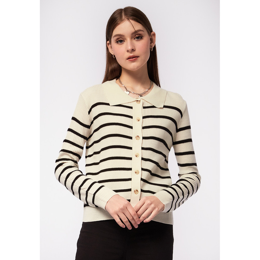 Jual COLORBOX Striped Button Front Cardigan Off White | Shopee Indonesia