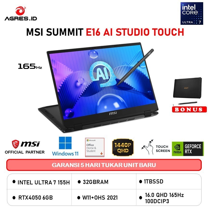 Jual MSI SUMMIT E16 AI STUDIO TOUCH ULTRA 7 155H RTX4050 6GB/ 32GB 1TB W11+OHS 16.0QHD+ 165HZ ...