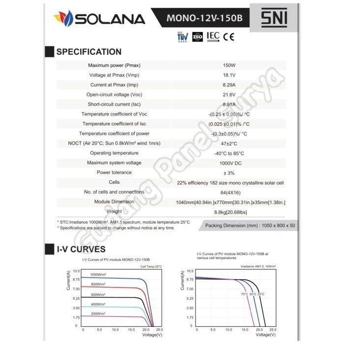 Jual Terbatas Panel Surya Solar Panel Solarcell Solana Sni 150Wp Mono ...