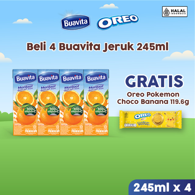 Jual Beli 4 Buavita Jeruk 245ml GRATIS Oreo Pokemon Choco Banana 119.6g ...