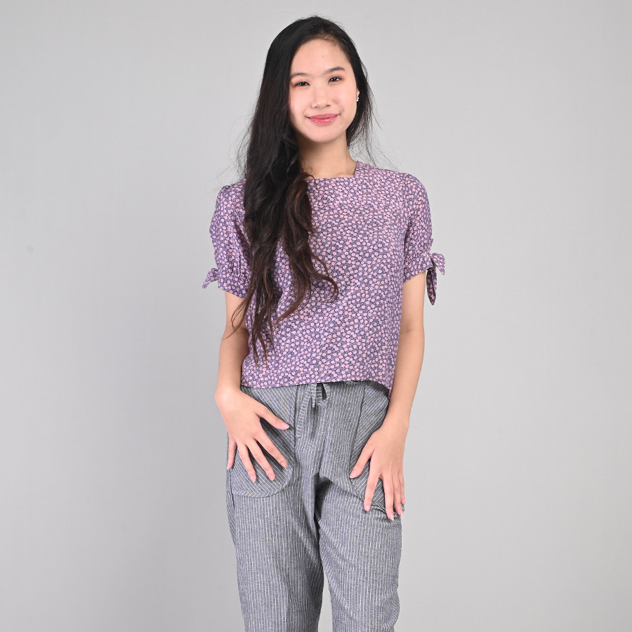 Jual Blanka Teen - Zara Blouse Knott Sleeve Flower Pink Baju Lengan ...