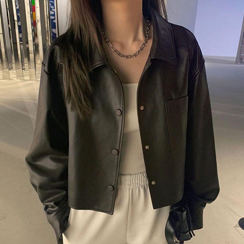 Jual Women's Street Style Classic Black Leather Jacket Small Coat ...