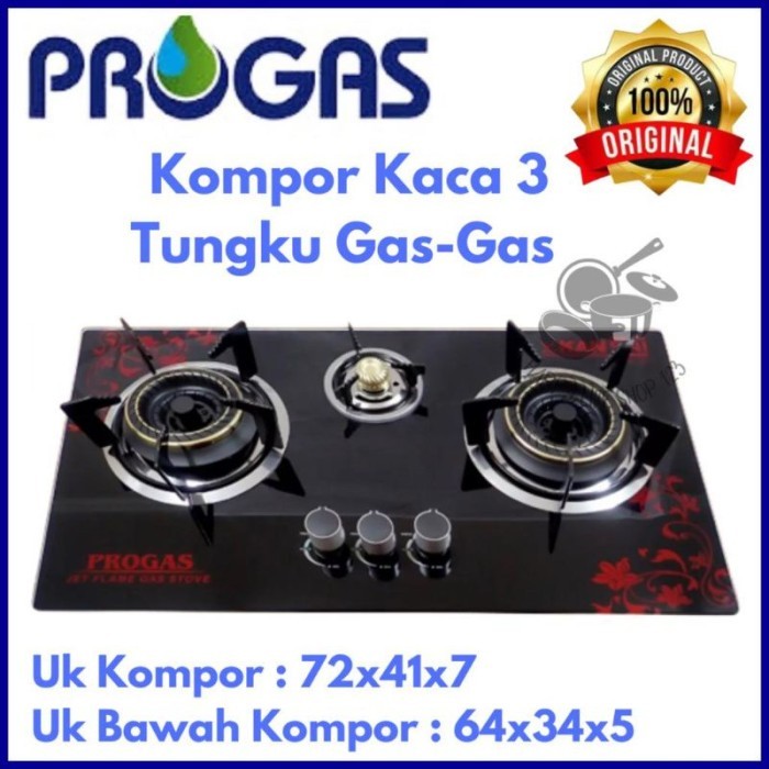 Jual PROGAS PG-333 Kompor Gas Tanam/Biasa 3 Tungku Body Kaca -mewah -Elegan | Shopee Indonesia