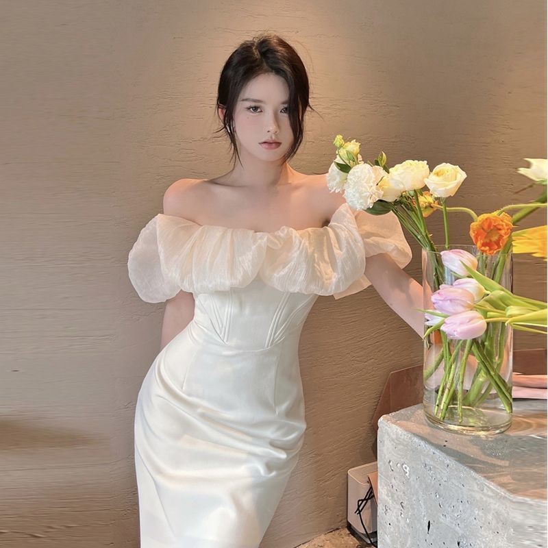 Jual Gaun temperamen off-the-shoulder Rok gaun midi Prancis ramping ...