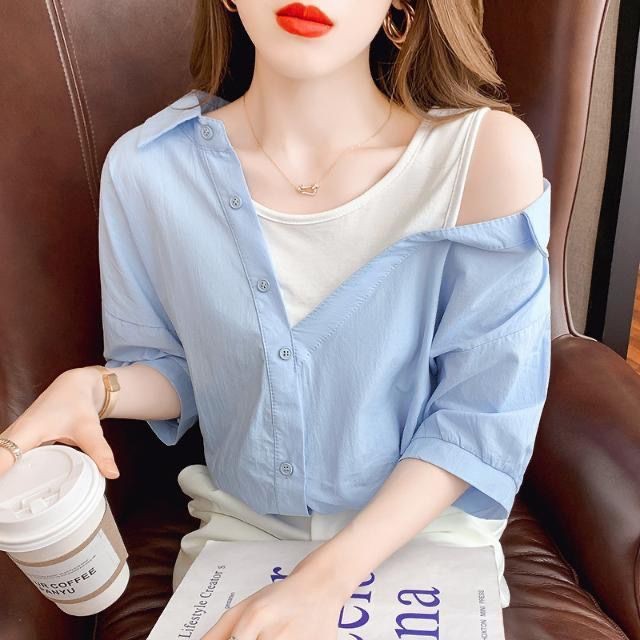 Jual Off-The-Shoulder Wanita, Kemeja Lengan Pendek Longgar Palsu Dua ...