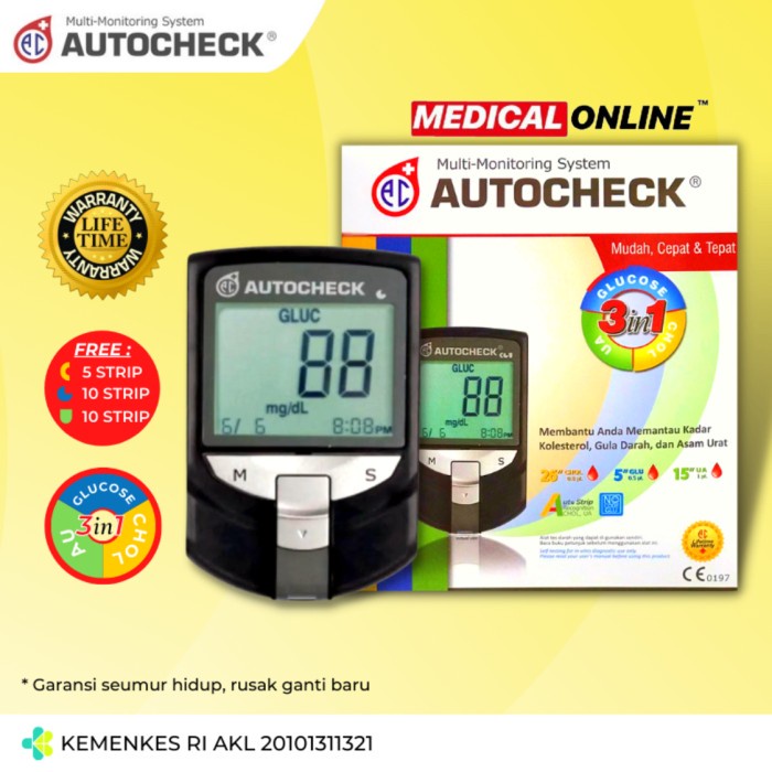 Jual AUTOCHECK 3 FUNGSI ALAT CEK GULA DARAH, KOLESTROL & ASAM URAT ...