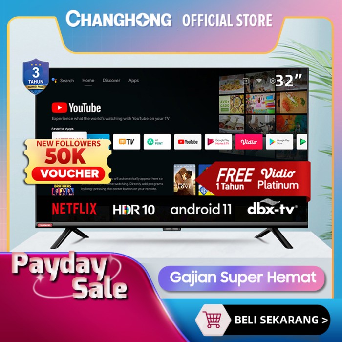 Jual Changhong 32 Inch Newest Android 11 Smart Tv Digital Led Tv L32G7N | Shopee Indonesia