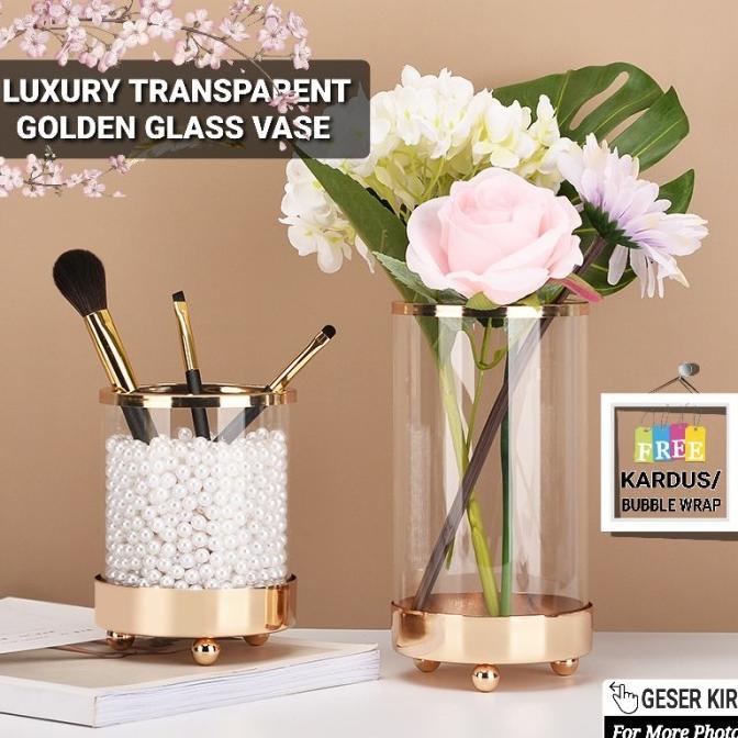 Jual Vas Bunga Kaca Emas Transparan Luxury Golden Flowers Vase Pot ...