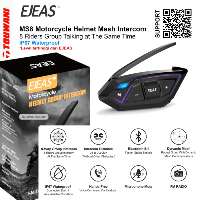 Jual [New Ori] Intercom Interkom Bluetooth Helm Mesh Group Ejeas Ms8 Waterproof Bisa Gojek ...