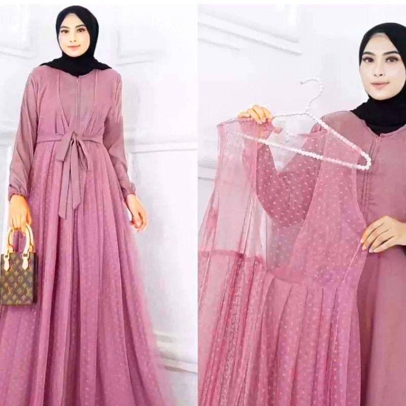 Jual Annora set - Dress mix Long Outer Brukat Tille Dot / / Gamis ...